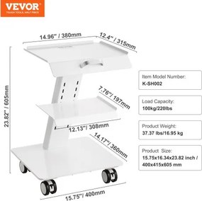 Laboratorní vozík, 3vrstvý pojízdný kovový pojízdný vozík s otočnými kolečky