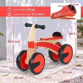 AIYAPLAY Dětské odrážedlo, dřevěné odrážedlo s EVA koly, vyšší opěrkou zad pro děti od 2–3 let, červené