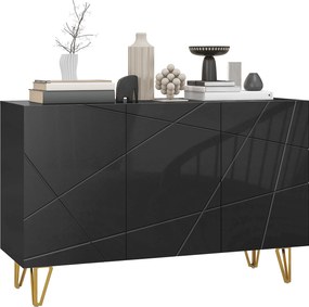 HOMCOM Kancelářský stolek do obývacího pokoje, záznamový stolek s 3 dveřmi a nastavitelnými policemi pro kuchyň 120x40x75 cm černý lesklý | Aosom