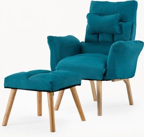 relaxační křeslo, polohovací, s podnožkou, dřevo/textil, 101x85x69 cm, nohy světlé/tyrkysová, Dekorino SILVANA