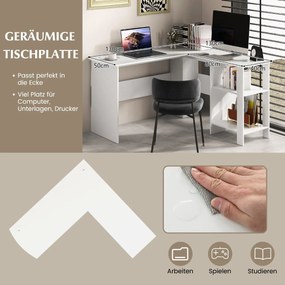 Costway Psací stůl ve tvaru L se 2 otvory pro kabel a úložnými přihrádkami, bílý
