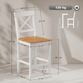 HOMCOM Set 2 Barových Židlí Vysoký Sedák 60,2 cm Dřevěné Kuchyňské Židle s Opěrkou a Podnožkou Nosnost 120 kg pro Jídelnu a Obývací Pokoj Přírodní a …
