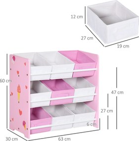 Knihařská skříň ZONEKIZ pro děti s 9 odnímatelnými košíky z netkané textilie, organizér na hračky pro dětský pokoj a školku 63x30x60 cm Růžová