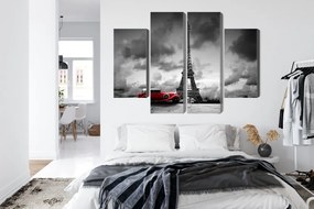 Vícedílný obraz Černobílý Pohled Na Eiffelovu Věž A Retro Auto Nedostatek Nedostatek Přírodní plátno 120x90