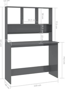 vidaXL Marketos Psací stůl a police šedý vysoký lesk 110x45x157 cm dřevotříska