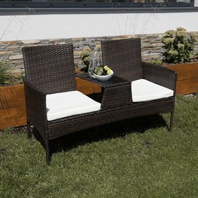 Zahradní lavice LALIT se stolkem a poduškami, umělý ratan hnědý, látka krémová