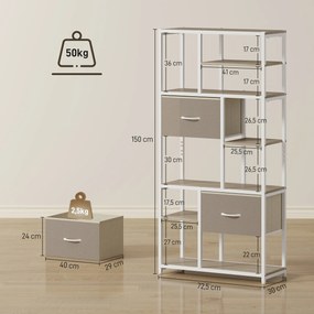 HOMCOM úložný regál 6 pater, knihovna se 2 látkovými zásuvkami, 9 otevřených přihrádek, 72,5 x 30 x 150 cm, bílá
