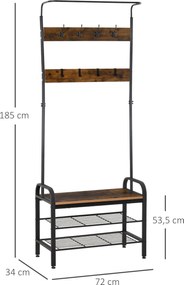 HOMCOM Věšák na kabáty s botníkem Věšák na kabáty 8 háčků 2 police MDF černý 72 x 34 x 185 cm do předsíně a chodby | Aosom.de