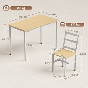 HOMCOM jídelní set se 4 židlemi, obdélníkový stůl 108 cm, židle s latkovým opěradlem, dub a bílá