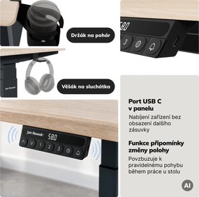 Elektrický stůl s regulací výšky ergonomický antracitový/dub sonoma,1400x700 mm: ARIA