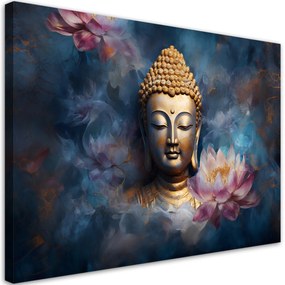 Obraz na plátně, zlatý buddha abstraktní lotosové květy - 90x60 cm