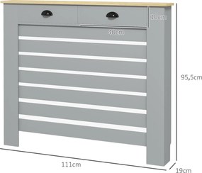 HOMCOM kryt radiátoru s lamelami z MDF, mřížkový kryt se 2 zásuvkami, 111x19x95,5 cm, šedý