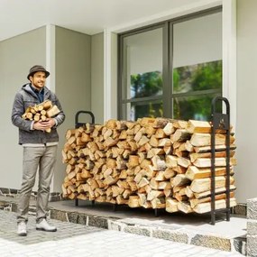 Outsunny kovový venkovní dřevník na krb s extra zesílenými nohami a vyřezávaným designem ohniště, nosnost 300 kg, černý