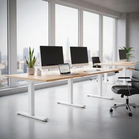 Výškově nastavitelný stůl OfficeTech Long, 240 x 80 cm, bílá podnož, buk
