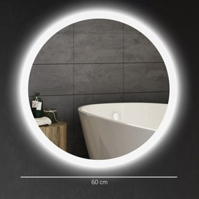 kleankin LED koupelnové zrcadlo, nastavitelná jasnost, odmlžování, dotyk, IP44, kov/sklo, Ø60 cm, bílá/stříbrná