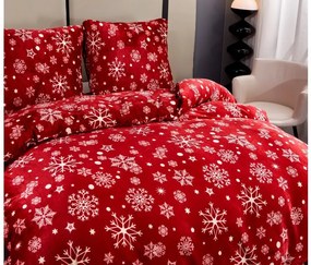 Sada mikroplyšového povlečení SNOWFALL červené + prostěradlo mikroplyš SOFT 90x200 cm bílé, jednolůžko