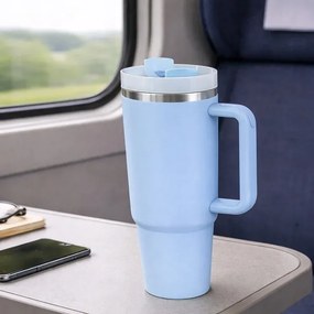 VERK Velký nerezový termohrnek se slámkou a držadlem – 1,2 l - světle modrý