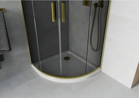 Mexen Rio, čtvrtkruhový sprchový kout s posuvnými dveřmi 80 (dveře) x 80 (dveře) x 190 cm, 5mm šedé sklo, zlatý profil + bílá sprchová vanička SLIM, 863-080-080-50-40-4110G