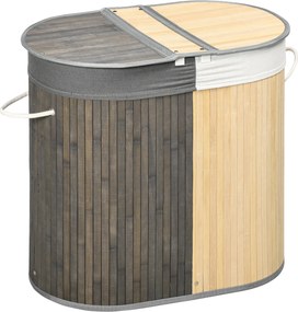 HOMCOM Koš na prádlo z bambusu s kapacitou 100L a víkem, s odnímatelným pytlem se 2 přihrádkami 62,5x37x60,5 cm Šedý a přírodní