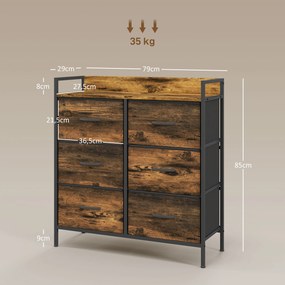HOMCOM komoda 6 zásuvek | látkové zásuvky a ocelový rám | industriální 79 x 29 x 85 cm, rustikálně hnědá