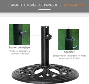 Kulatý základ slunečníku Outsunny 11,5 kg, venkovní kovový stojan na slunečníky pro průměr 38 a 48 mm, základna pro zahradní terasu, Ø 45 x 33,5 cm, Č