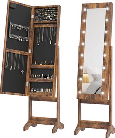 HOMCOM šperkovnice s nastavitelným zrcadlem a LED osvětlením, 36x30x136 cm, rustikálně hnědá