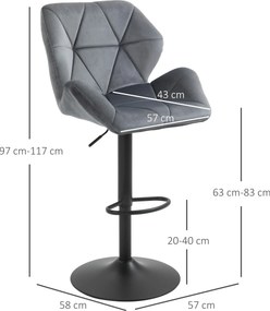 HOMCOM Barová židle 2ks set, čalouněný barový stolek s kovovou konstrukcí, opěradlo, sametový vzhled, výškově nastavitelný, 360° otočný