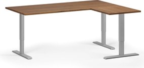 Rohový výškově nastavitelný stůl, 180x140 cm, 3 motory, L/P, šedá podnož, ořech