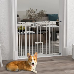 Schodišťová branka PawHut pro psy s automatickým zavíráním a klapkou pro kočky, bez vrtání, 74-100 cm, bílá