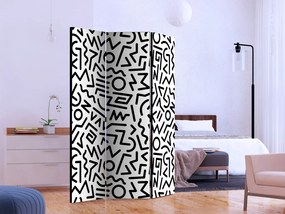 Pokojová zástěna Černo-bílý labyrint (3-dílný) - vzor v minimalistickém designu