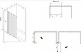 Vana Mexen Cube 170x80 cm s panelem bílá + jednokřídlá zástěna pohyblivá 75 x 140 cm čirá/chrom