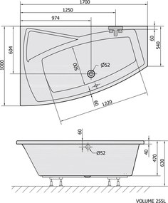 Polysan, EVIA L asymetrická vana 170x100x47cm, bílá, 21611