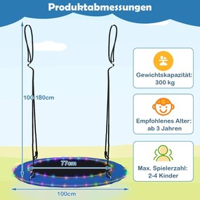 Costway Houpačka hnízdo Ø100 cm LED osvětlení Nastavitelné lano do 150 kg