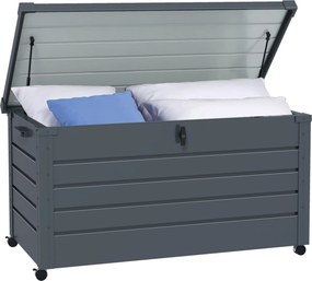 Outsunny 311 l Exteriérová úložná truhla z pozinkované oceli se 4 koly, 2 madly a 1 zámkem pro zahradu a patio 120x62x66 cm Tmavě šedá | Aosom