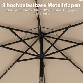 Costway 300 cm slunečník s LED osvětlením a klik a valance market, hnědý
