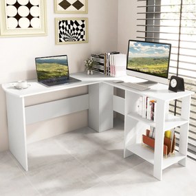 Costway Psací stůl ve tvaru L se 2 otvory pro kabel a úložnými přihrádkami, bílý