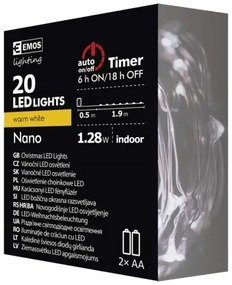 Vánoční osvětlení EMOS D3AW07 ZY1952 20LED nano řetěz měděný 1,9m 2xAA teplá bílá s časovačem