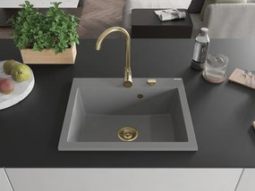 Mexen Elix, 1-komorový granitový dřez 600 x 500 mm, šedý, zlatý sifon - 6525601005-71-G