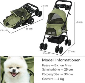 PawHut kočárek pro psy kočárek pro psy s funkcí skládání pro malé psy a kočky, kočárek pro kočky Oxford tmavě zelený 67x45x96 cm |