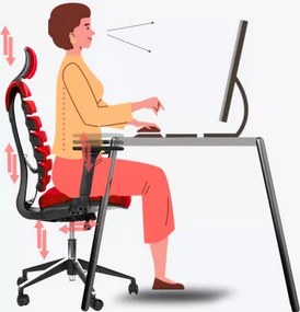 MERCURY Ergonomická kancelářská židle FISH BONES s opěrkou hlavy, černý plast, 26-68 červená, 3D područky