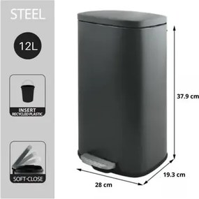 Spirella AKIRA pedálový odpadkový koš 12 L matná šedá / ocel / soft-cl