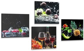 Set obrazů víno a kousky ovoce na černém pozadí