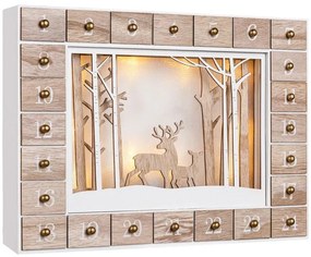 Dřevěný adventní kalendář ZIMNÍ LES s osvětlením, 35x6x27cm, bílá/hnědá Spielwerk
