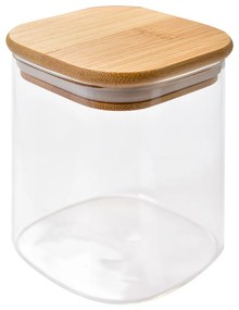 Skleněná hranatá úložná nádoba s bambusovým víčkem Squa - 8*8*10 cm