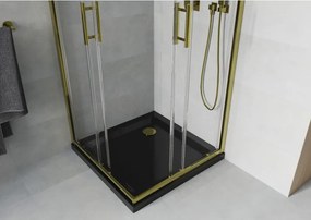 Mexen Rio, čtvercový sprchový kout s posuvnými dveřmi 90 (dveře) x 90 (dveře) x 190 cm, 5mm čiré sklo, zlatý profil + černá sprchová vanička SLIM, 860-090-090-50-00-4070G