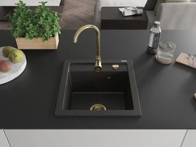 Mexen Vito, granitový dřez 520x490x210 mm, 1-komorový, černá-zlatá metalíza se zlatým sifonem, 6503521000-75-G