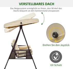 Outsunny 3místná hollywoodská houpačka zahradní houpačka se sluneční stříškou polštáře kov polyester béžová+hnědá 120 x 208 x 172 cm | Aosom