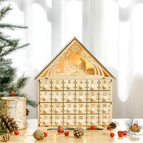 HOMCOM Adventní kalendář s LED osvětlením, 24 zásuvek, scéna betlému, 26,6 x 30 cm, vzhled dřeva