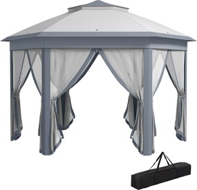 Outsunny skládací pavilon 4 x 4 m Šestiúhelníkový design Sítě proti hmyzu, voděodolná ventilační střecha pro grilovací párty Šedá+Bílá