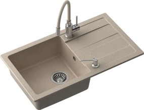 Béžový (pískový) kuchyňský granitový dřez QUADRON READY- MAX + BATERIE A DÁVKOVAČ NA SAPONÁT